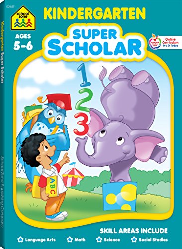 School Zone - Kindergarten Super Scholar Workbook - 128 Pages, Ages 5 to 6, Shapes, Colors, Beginning Sounds, Identifying Patterns, and More