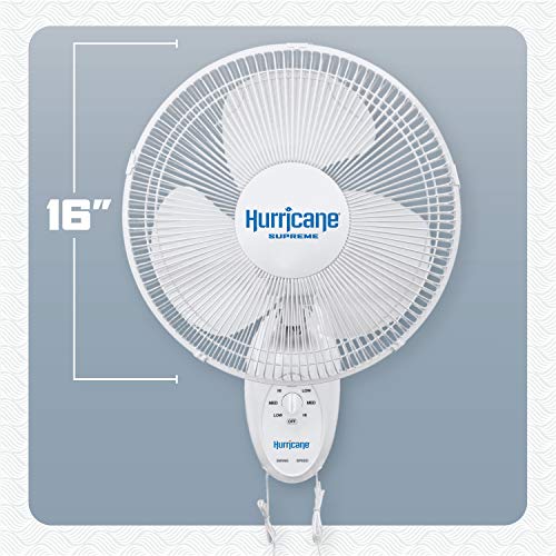 Hurricane Wall Mount Fan - 16 Inch, Supreme Series, Wall Fan with 90 Degree Oscillation, 3 Speed Settings, Adjustable Tilt - ETL Listed, White