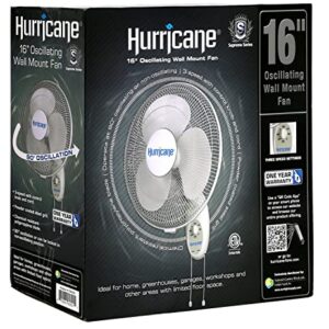 Hurricane Wall Mount Fan - 16 Inch, Supreme Series, Wall Fan with 90 Degree Oscillation, 3 Speed Settings, Adjustable Tilt - ETL Listed, White