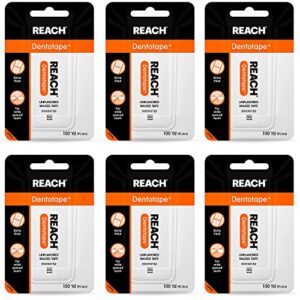 Reach Dentotape Waxed Dental Floss Bundle | Effective Plaque Removal, Extra Wide Cleaning Surface | Shred Resistance & Tension, Slides Smoothly & Easily, PFAS FREE | Unflavored, 100 YD, 6pk