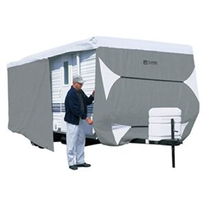 classic accessories over drive polypro3 deluxe travel trailer/toy hauler cover, fits 18′-20′ rvs, camper rv cover, customizable fit, water-resistant, all season protection for motorhome, grey/white