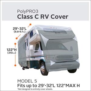 Classic Accessories Over Drive PolyPRO 3 Deluxe Class C RV Cover, Fits 29' - 32' RVs, Model 5, Air Vents, Water-Repellant Top Panel, Durable, Breathable, Resists Tears and Rips, Grey/White