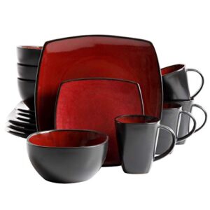 gibson soho lounge 16-piece square reactive glaze dinnerware set, red