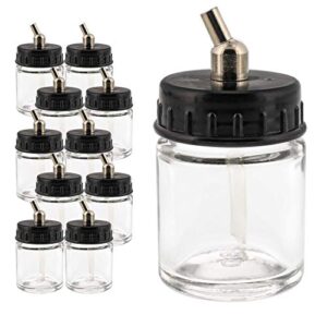 master airbrush (pack of 10) tb-002 empty 3/4 ounce (22cc) glass jar bottles with 30° down angle adaptor lid assembly – fits dual-action siphon feed airbrushes, use with master, badger, paasche, iwata