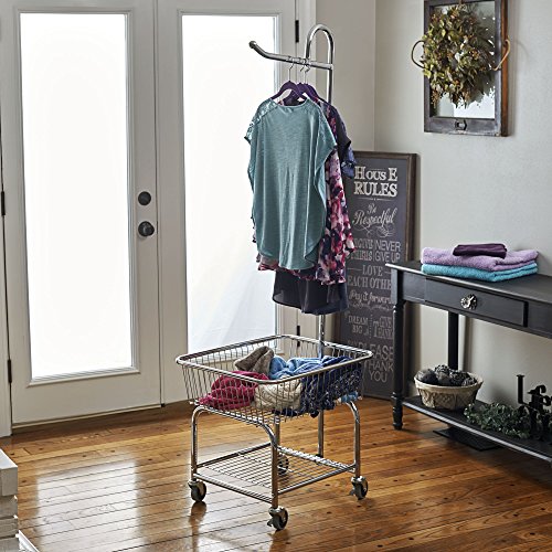 Household Essentials 6028-1 Rolling Laundry Cart with Hanging Bar - Chrome Finish