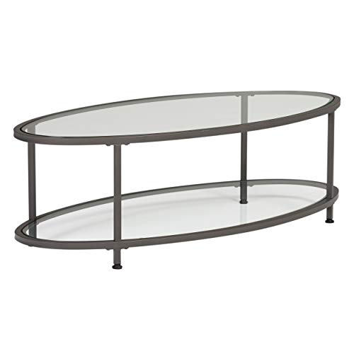 Studio Designs Home Camber Oval Glass Coffee Table In Pewter With Clear Glass, Living Room Coffee Table, 48",