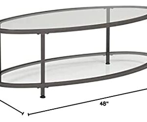 Studio Designs Home Camber Oval Glass Coffee Table In Pewter With Clear Glass, Living Room Coffee Table, 48",