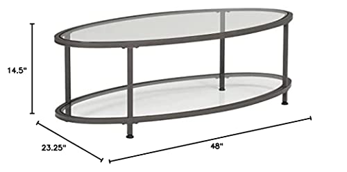 Studio Designs Home Camber Oval Glass Coffee Table In Pewter With Clear Glass, Living Room Coffee Table, 48",