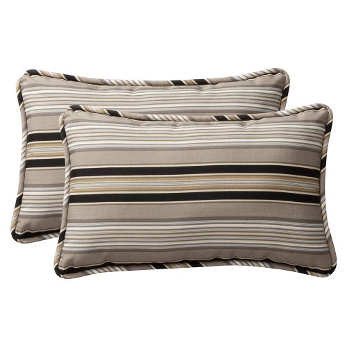 Pillow Perfect Outdoor/Indoor Getaway Stripe Onyx Oversized Lumbar Pillows, 24.5" x 16.5", Black, 2 Count