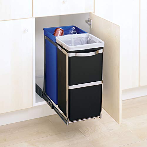 simplehuman 35 Liter / 9.3 Gallon Dual Compartment Under Counter Kitchen Cabinet Pull-Out Recycling Bin and Trash Can