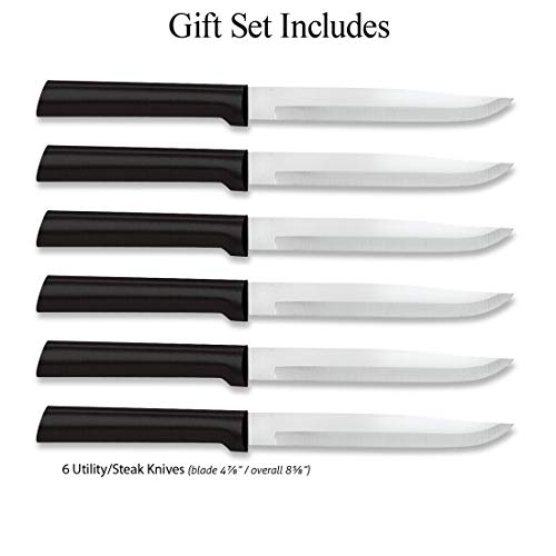 Rada Cutlery Utility Steak Knives Gift Set Stainless Steel Knife Made in the USA, Set of 6, Black Handle