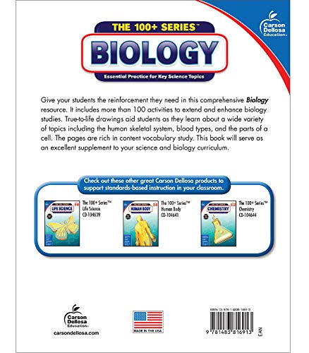 Carson Dellosa The 100 Series: Biology Workbook—Grades 6-12 Science, Matter, Atoms, Cells, Genetics, Elements, Bonds, Classroom or Homeschool Curriculum (128 pgs)