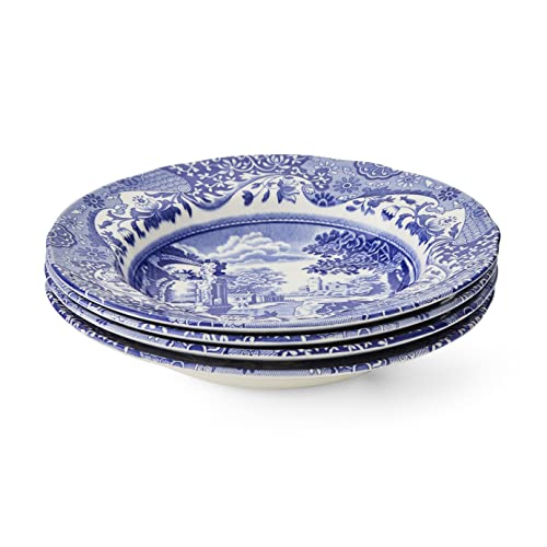 Spode Blue Italian Soup Bowls| Set of 4| 9-Inch| Soup, Pasta, and Salad Serving Bowls| Round, Wide Rim Bowl| Microwave Safe| Dishwasher Safe| Made in England