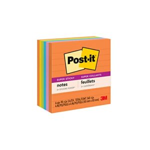 post-it super sticky notes, 4 in x 4 in, 6 pads, 2x the sticking power, energy boost collection, bright colors, recyclable (675-6ssuc)