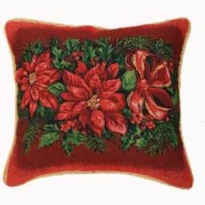 Violet Linen Decorative Christmas Poinsettias Design Tapestry, 18" X 18" Cushion Cover