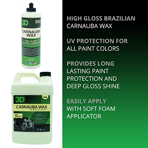 3D Carnauba Wax - High Gloss, Deep Shine Brazilian Carnauba Liquid Wax - Long Lasting UV Paint Protection - Easy Application on Cars, RVs, Boats, Motorcycles - Non-Staining Detailing Products 16oz.