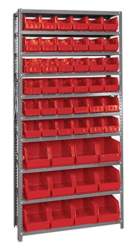 Quantum Storage Systems QSBU-230240RD Giant Open Hopper Steel Shelving System, 12" D x 36" W x 75" H, with 10 Shelves and 36 QUS230 and 12 QUS240 Bins, Red