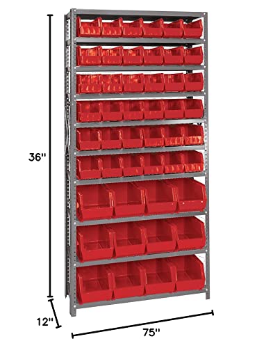 Quantum Storage Systems QSBU-230240RD Giant Open Hopper Steel Shelving System, 12" D x 36" W x 75" H, with 10 Shelves and 36 QUS230 and 12 QUS240 Bins, Red