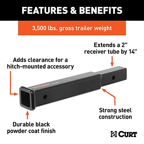 CURT 45795 14-Inch Long Trailer Hitch Extension for 2-Inch Receiver, 3,500 lbs, Gloss Black Powder Coat