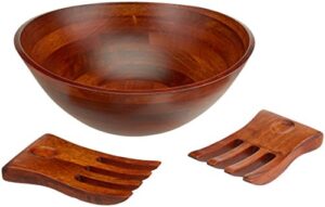 lipper international cherry finished wavy rim serving bowl with 2 salad hands, large, 13″ x 12.5″ x 5″, 3-piece set