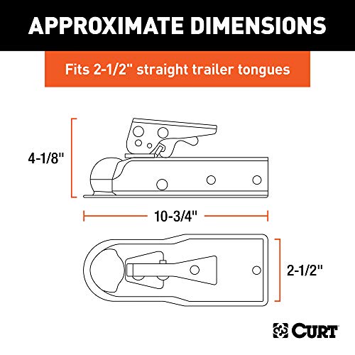 CURT 25135 Straight Tongue Trailer Coupler for 2-1/2-Inch Channel, 2-In Hitch Ball, 3,500 lbs, CLEAR ZINC