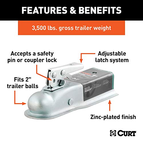 CURT 25135 Straight Tongue Trailer Coupler for 2-1/2-Inch Channel, 2-In Hitch Ball, 3,500 lbs, CLEAR ZINC