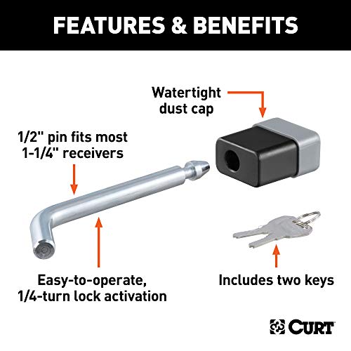 CURT 23020 Trailer Hitch Lock, 1/2-Inch Pin Diameter, Fits 1-1/4-Inch Receiver