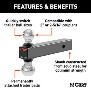 CURT 45665 Multi-Ball Trailer Hitch Ball Mount, 2, 2-5/16-Inch Balls, Fits 2-Inch Receiver, 10,000 lbs