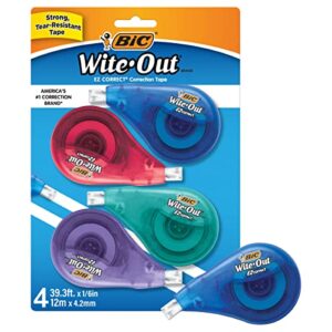 bic wite-out brand ez correct correction tape, 19.8 feet, 4-count pack of white correction tape, fast, clean and easy to use tear-resistant tape office or school supplies