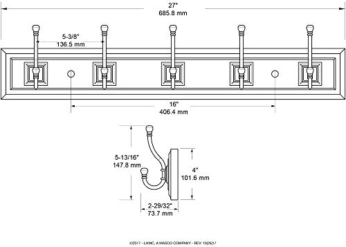 Brainerd R46121Y-WSN-L Five Arch Hook 27-inch Wide Architectural Hat and Coat Rail/Rack