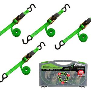 smartstraps – 101w quadwinder 14’ padded ratchet tie down, green (4pk) – patented self-loading storage case – 1,500lb break strength, 500lb safe work load – haul lighter loads like atv’s, mowers and more