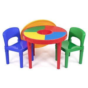 humble crew, red/green/blue kids 2-in-1 plastic building blocks-compatible activity table and 2 chairs set, round, primary colors