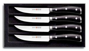 wusthof classic ikon precision forged high-carbon stainlesssteel german made, 4 piece steak knife set full-tang handle with half bolster