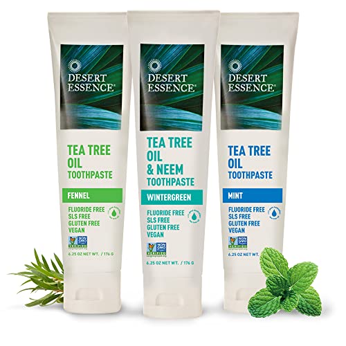 Desert Essence Tea Tree Oil & Neem Toothpaste - 6.25 Ounce - Pack of 3 - Refreshing Rich Taste - Baking Soda & Essential Oil of Wintergreen - Antiseptic - Natural Ingredients - Fluoride & Gluten Free