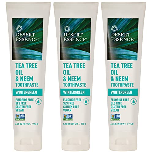 Desert Essence Tea Tree Oil & Neem Toothpaste - 6.25 Ounce - Pack of 3 - Refreshing Rich Taste - Baking Soda & Essential Oil of Wintergreen - Antiseptic - Natural Ingredients - Fluoride & Gluten Free