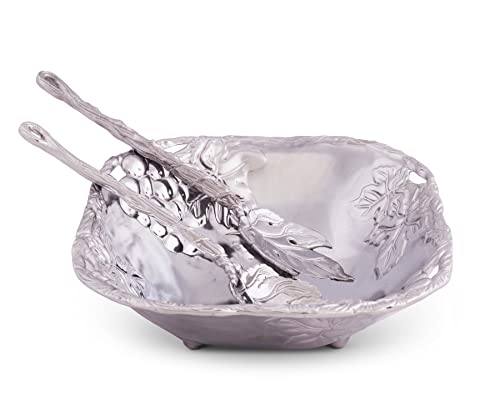 Arthur Court Designs Metal 3-Pc Grape Salad Set Bowl and Server in Grape Pattern Sand Casted in Aluminum with Artisan Quality Hand Polished Design Tarnish-Free 9.5 Inch Diameter