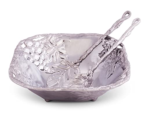 Arthur Court Designs Metal 3-Pc Grape Salad Set Bowl and Server in Grape Pattern Sand Casted in Aluminum with Artisan Quality Hand Polished Design Tarnish-Free 9.5 Inch Diameter