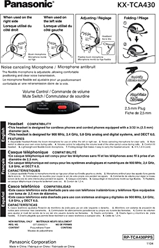 Panasonic Comfort Fit Headset for TCA Series Cordless Landline Phones, Foldable Headset with Flexible Noise-Cancelling Microphone and Volume Control, 2.5 mm Plug, Grey/Silver KX-TCA430