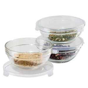 oggi set of 3 x glass pinch bowls – 4oz with clip lids, ideal as salt and pepper bowls, storage bowls with lids, condiment bowls, mini bowls, prep bowls for cooking or mise en place bowls – clear