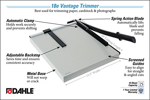 Dahle Vantage 18e Paper Trimmer, 18" Cut Length, 15 Sheet, Automatic Clamp, Adjustable Guide, Metal Base with 1/2" Gridlines, Guillotine Paper Cutter