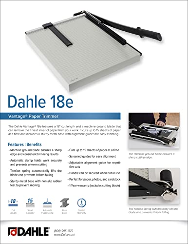 Dahle Vantage 18e Paper Trimmer, 18" Cut Length, 15 Sheet, Automatic Clamp, Adjustable Guide, Metal Base with 1/2" Gridlines, Guillotine Paper Cutter