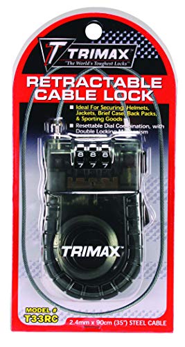 Trimax Retractable Cable with 3-Diget Combination Lock 3' L X 3Mm T33RC, Blister Packaging , Black