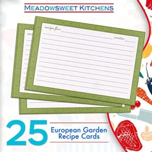 Meadowsweet Kitchens Recipe Card Set - 25 Double Sided Recipe Cards 4 x 6 Inch, Perfect Size Blank Cards for a Recipe Card Box, Make Your Own Personalized Recipe Book - European Garden