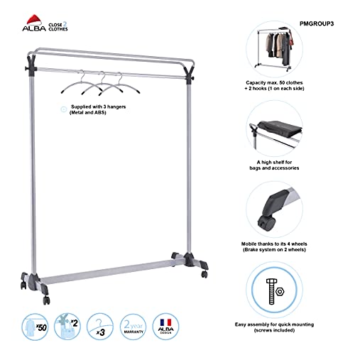 Alba Double-Sided High Capacity Mobile Garment Rack with 3 Metal and Plastic Hangers, Steel with Black Accents (PMGROUP3)