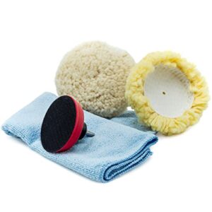 novus 7232 | plastic polish buffing kit | wool applicator pad, wool buffing pad, backplate assembly, drill adapter, and a microfiber cloth