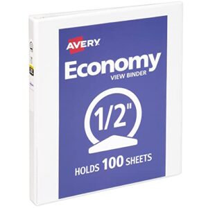 avery economy view 3 ring binder, 0.5″ round rings, 1 white binder (05706)