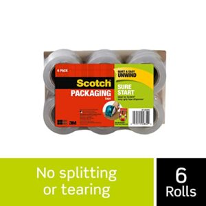 Scotch Sure Start Shipping Packaging Tape, 1.88" x 25 yd, Designed for Packing, Shipping and Mailing, No Splitting or Tearing, 1.5" Core, Clear, 6 Rolls (DP-1000RF6)