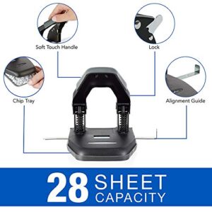 Swingline 2 Hole Punch, Comfort Handle Two Hole Puncher, 28 Sheet Punch Capacity, 50% Reduced Effort, Includes Alignment Guide, Black (74050)