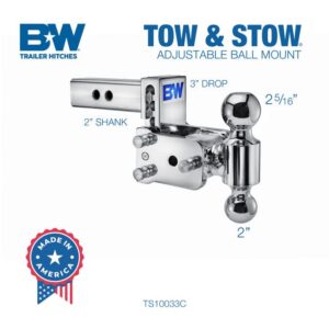 B&W Trailer Hitches Chrome Tow & Stow Adjustable Trailer Hitch Ball Mount - Fits 2" Receiver, Dual Ball (2" x 2-5/16"), 3" Drop, 10,000 GTW - TS10033C