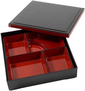 japanbargain 1923, red and black japanese traditional plastic lacquered lunch bento box 5 compartments for restaurant or home tray plate and lid 3pc set made in japan, 9.5″x9.5″